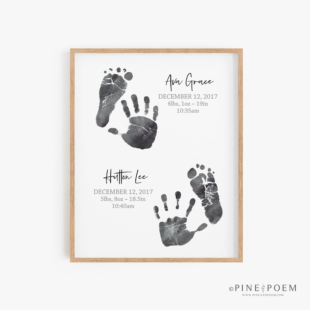 Twin Baby Handprint Footprint Art: Custom Newborn Birth Announcement ...