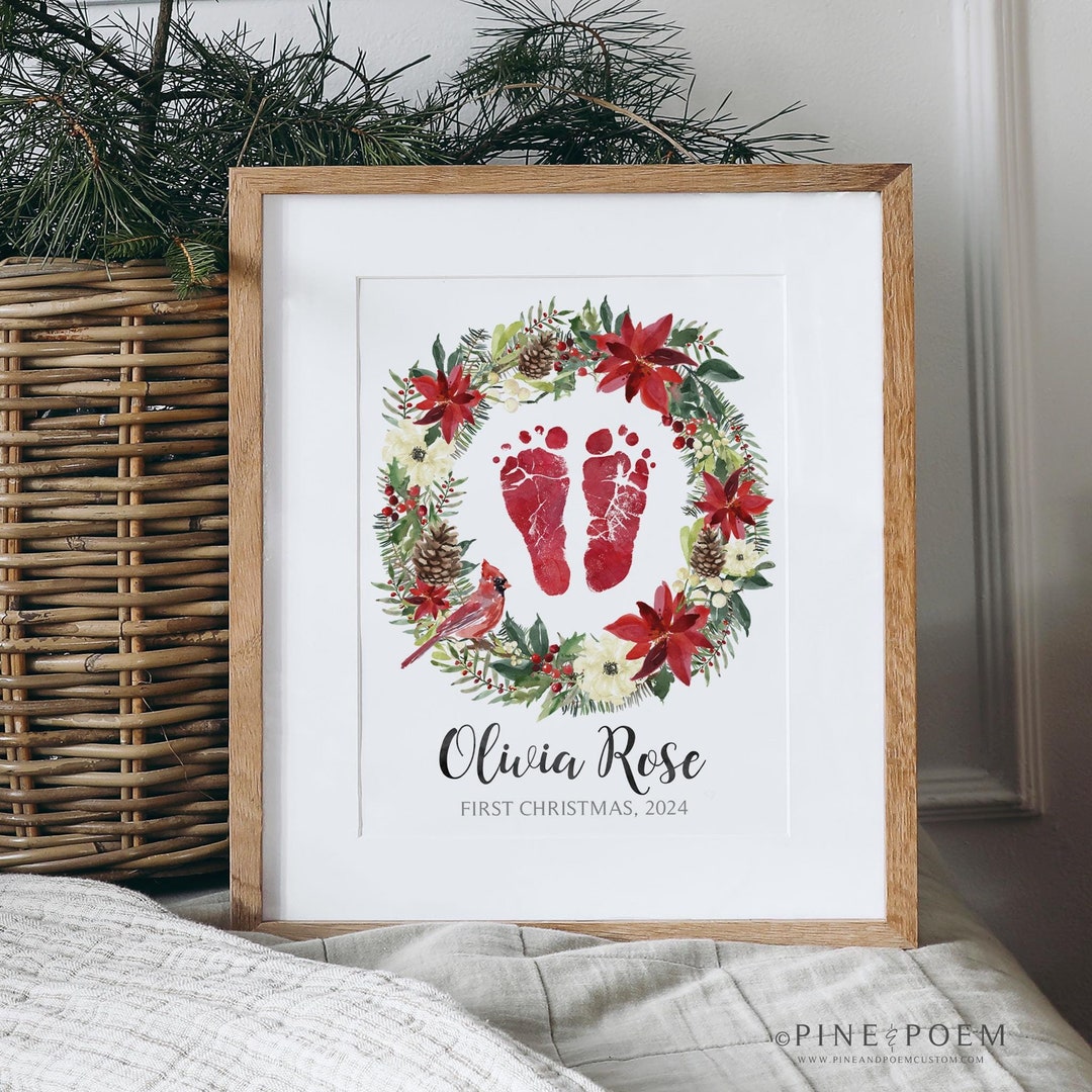 Baby's First Christmas Footprint Art, Custom Wreath Print (UNFRAMED) - Etsy