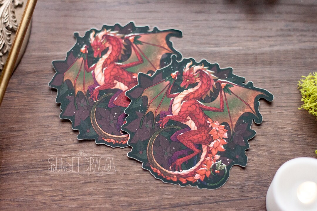 Poinsettia Dragon Metallic Effect Vinyl Sticker - Etsy
