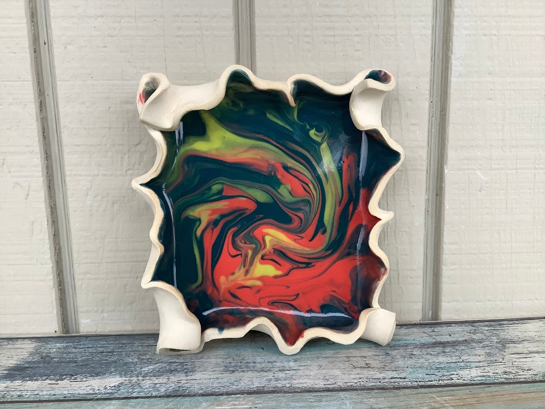 Ceramic Rolling Tray Red Yellow Blue Pottery Handmade Psychedelic Dish ...