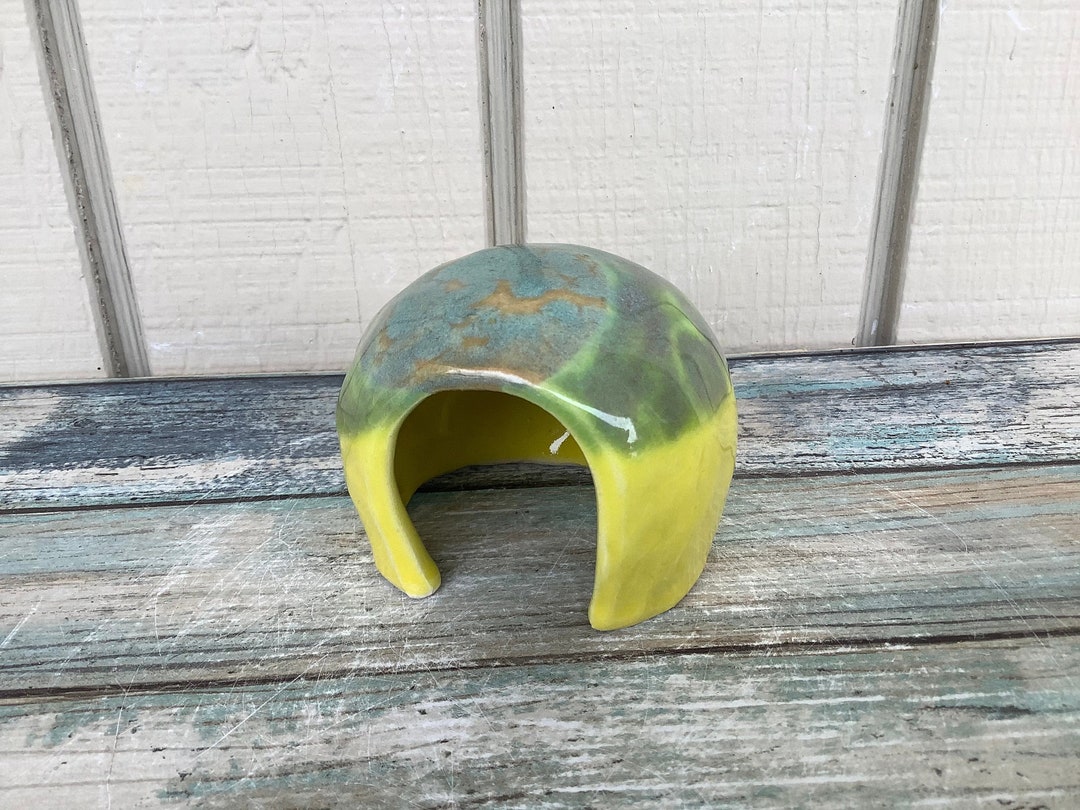 Small Aquarium Hide Ceramic - Fish Tank Decor Yellow and Blue - Betta ...