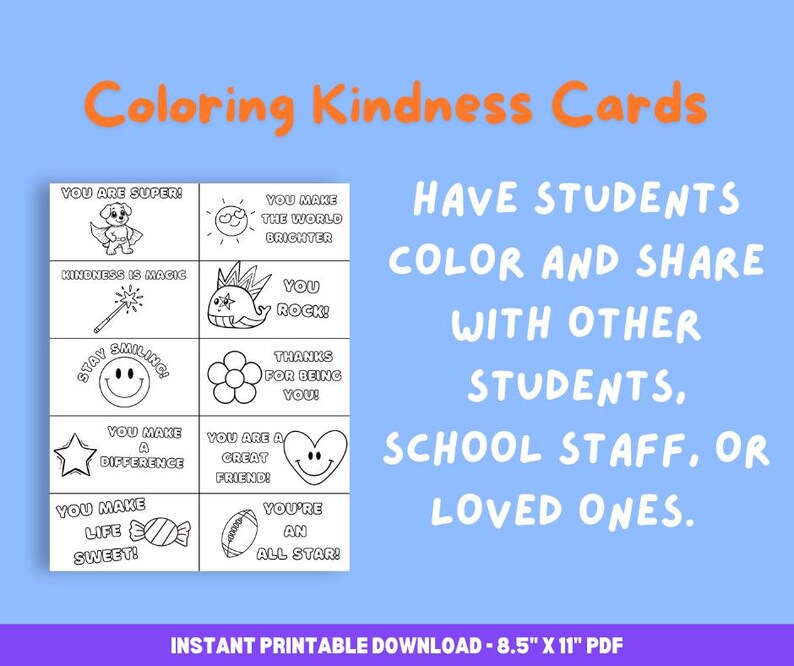 Kindness Cards Coloring Pages for Kids - 50 Cards, Printable PDF ...