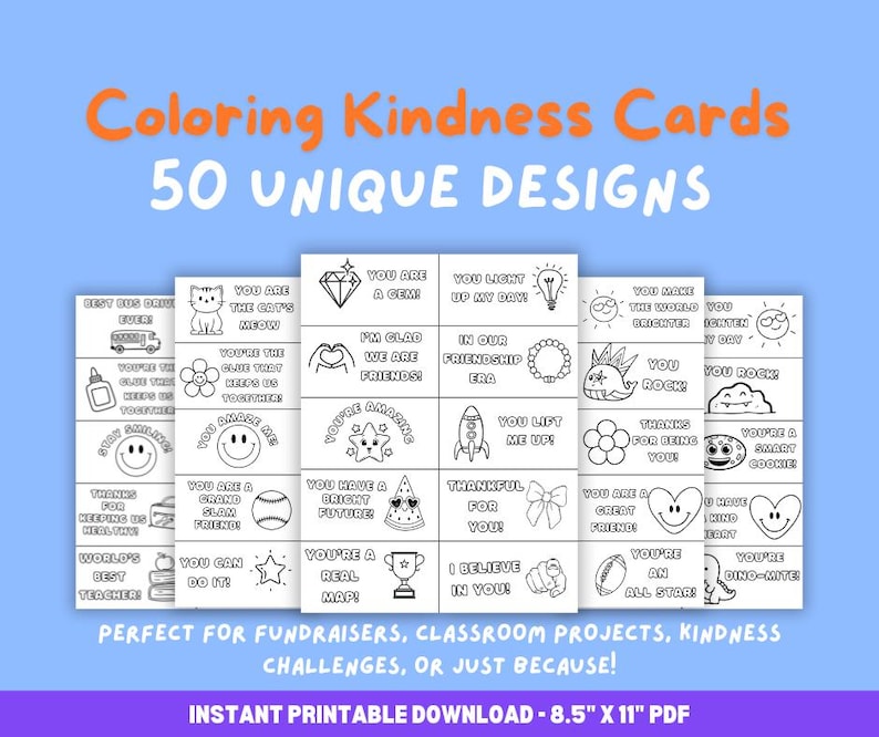 Kindness Cards Coloring Pages for Kids - 50 Cards, Printable PDF ...