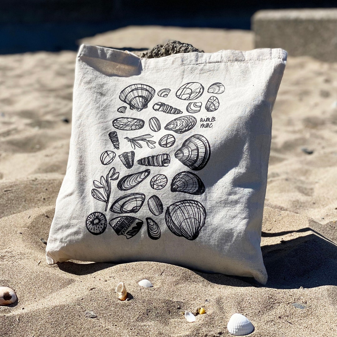 Seashell Tote Bag, Shell Print Cotton Tote Bag, Beach Bag, Market Tote ...