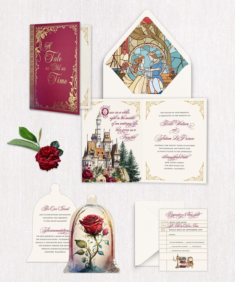 Beauty and the Beast Wedding Invitation: Enchanted Rose Library Book ...