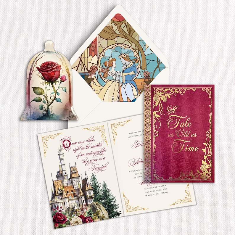 Beauty and the Beast Wedding Invitation: Enchanted Rose Library Book ...