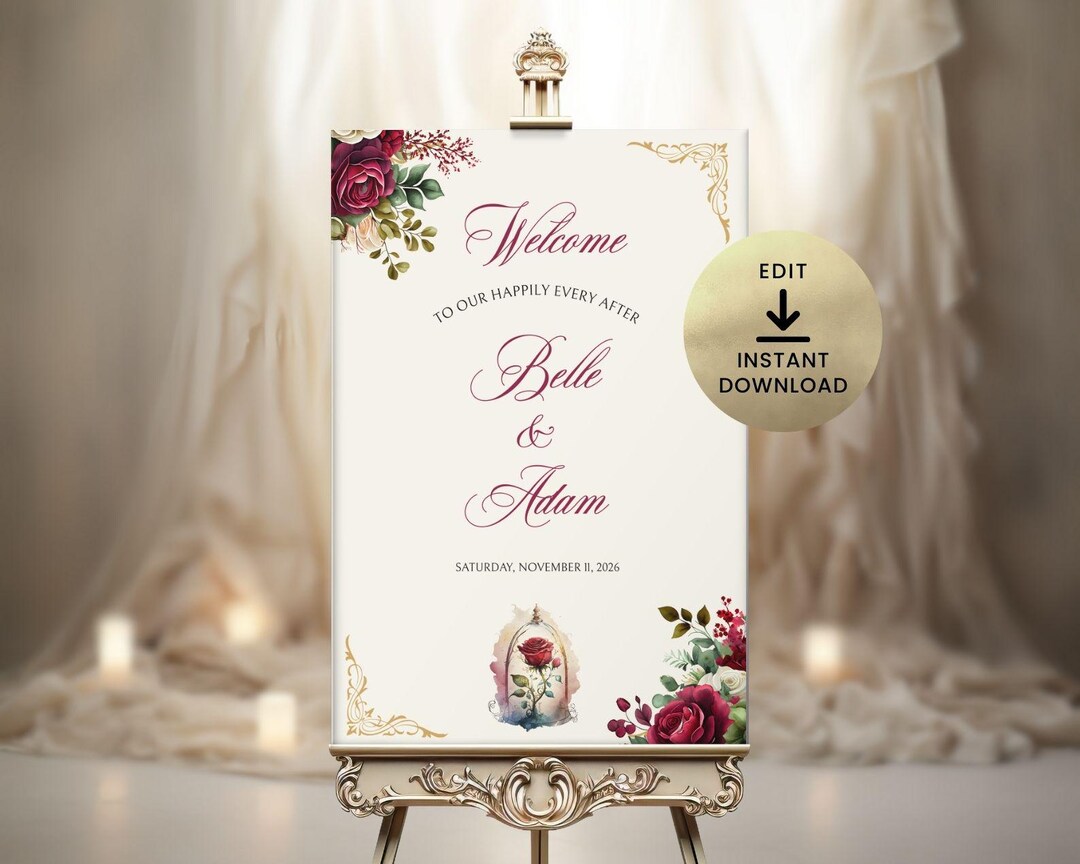 Beauty and the Beast Welcome Sign Template: Enchanted Rose Wedding Sign ...