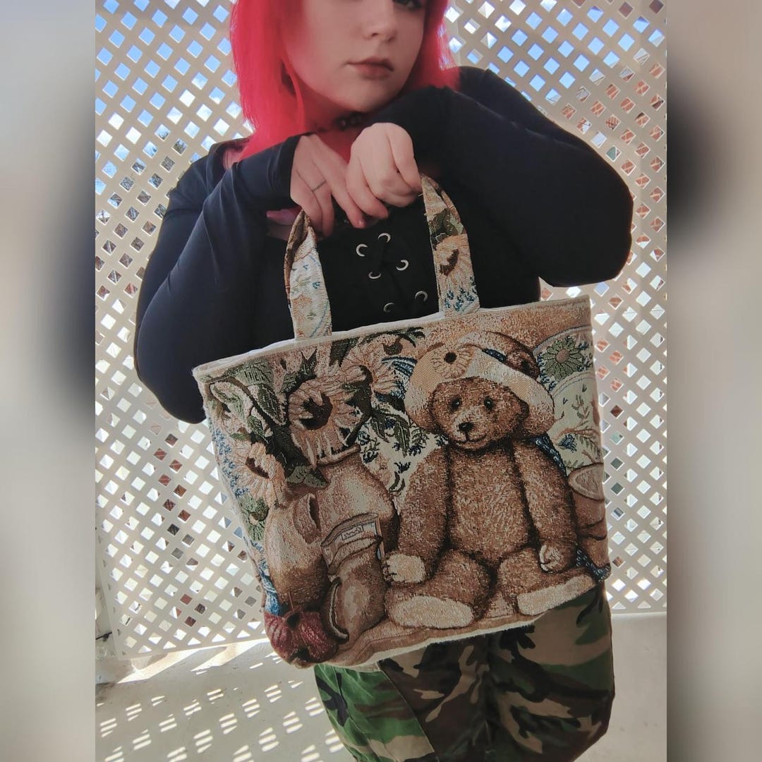 Vintage 90's Debbie Cook Teddy Bear Sunflower Scene Tapestry Tote Bag ...