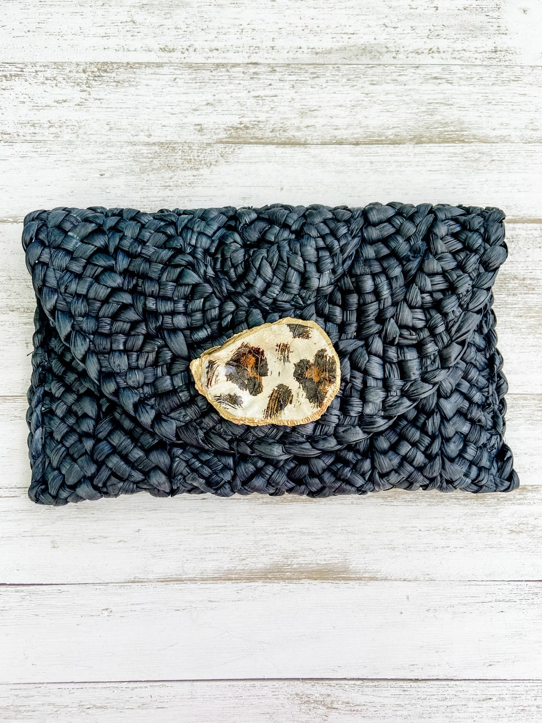 Leopard Print Oyster Shell Clutch, Handbag, Purse, Coastal Style, Straw ...