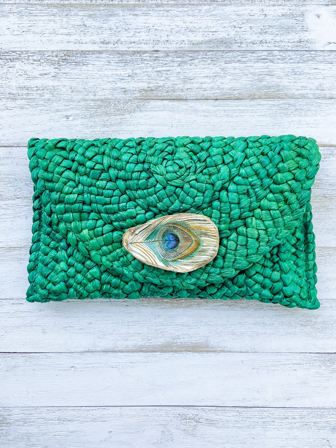 Green Peacock Feather Oyster Shell Clutch, Handbag, Purse, Coastal ...