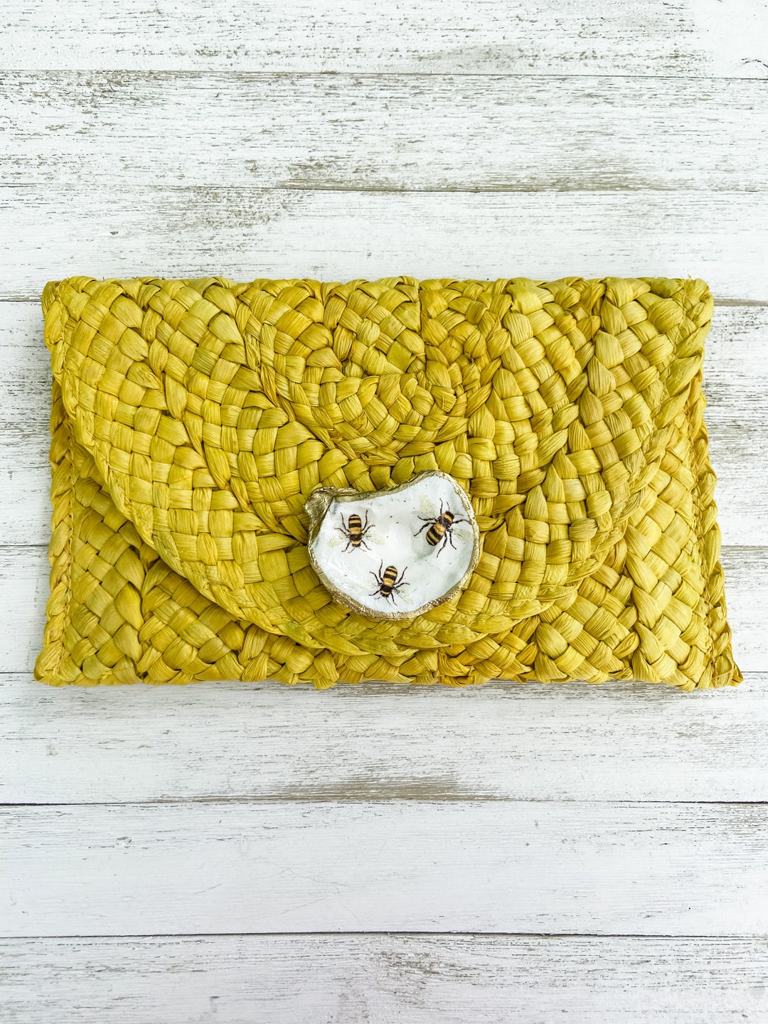 Yellow Honey Bee Feather Oyster Shell Clutch, Handbag, Purse, Coastal ...
