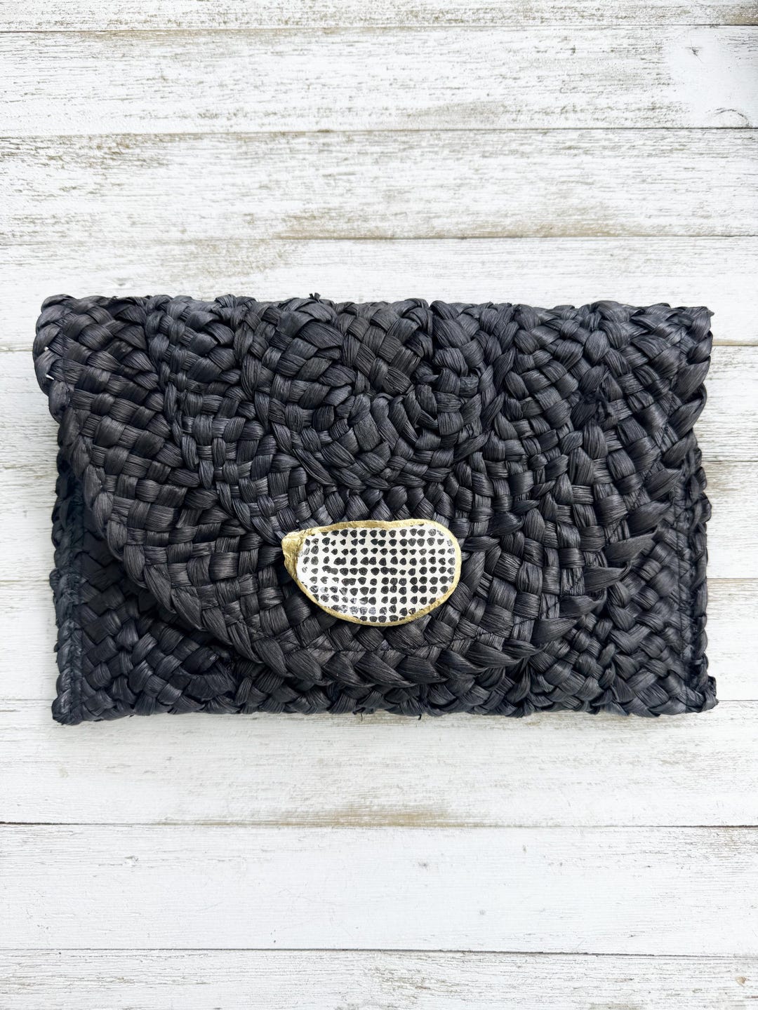 Black Polka Dot Print Oyster Shell Clutch, Handbag, Purse, Coastal ...