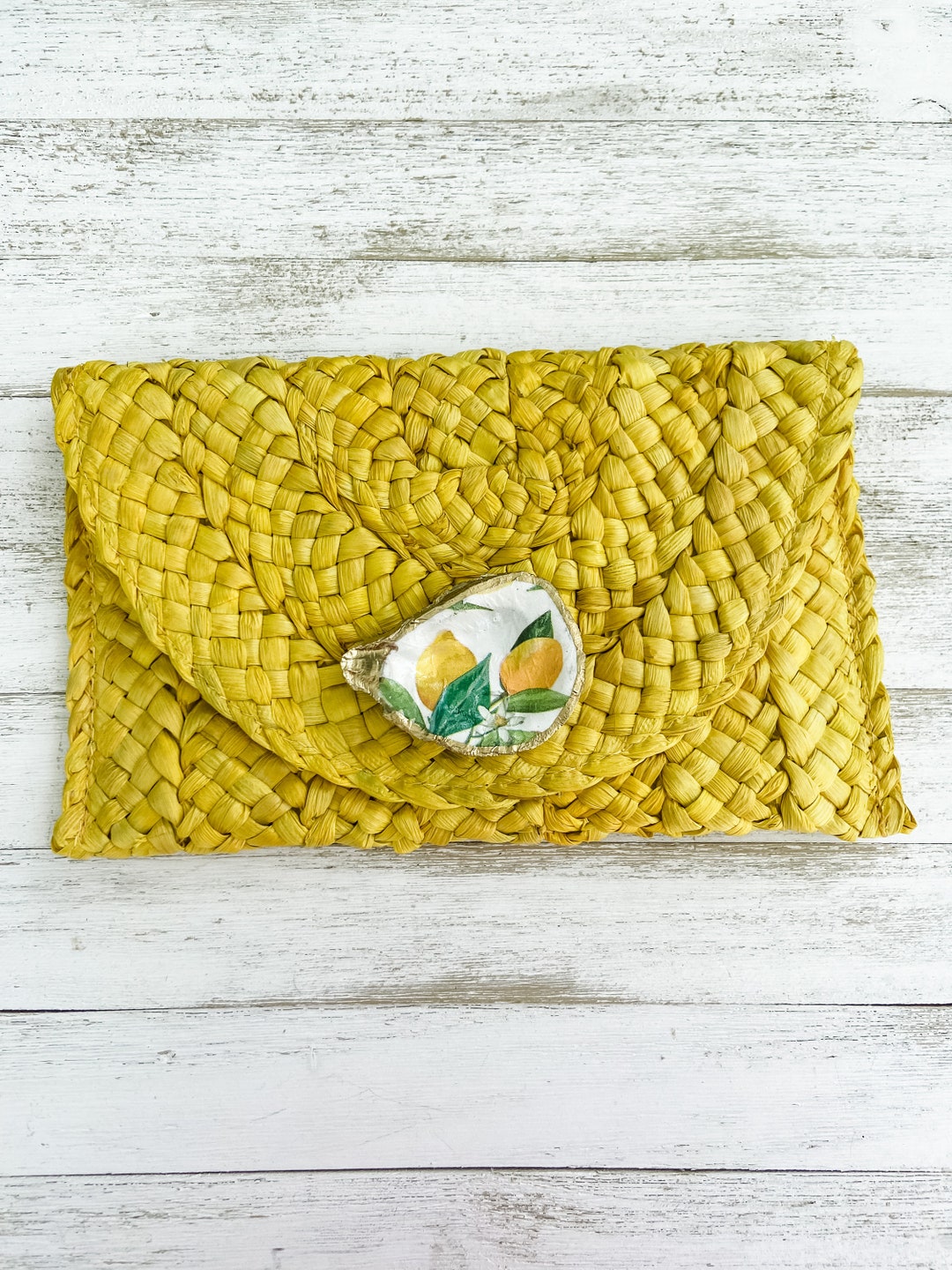 Yellow Lemon Oyster Shell Clutch, Handbag, Purse, Coastal Style, Straw ...