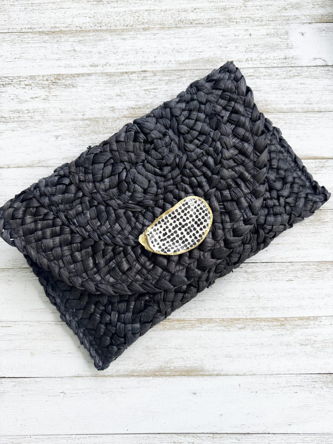 Black Polka Dot Print Oyster Shell Clutch, Handbag, Purse, Coastal ...
