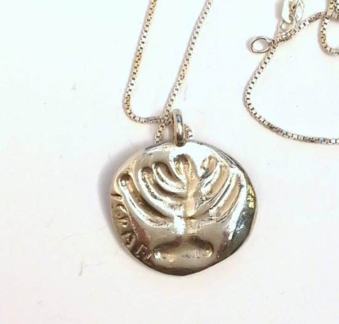 Menorah Medallion Necklace - Silver Jewish Necklace - Bat Mitzvah Gift ...