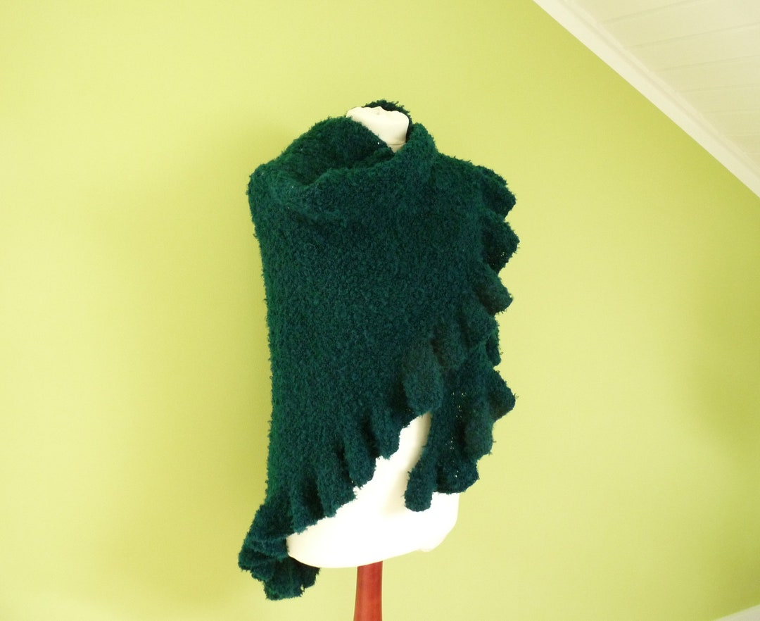 Dark Green Hand Knitted Shawl, Bouclé Shawl With Ruffled Trim - Etsy