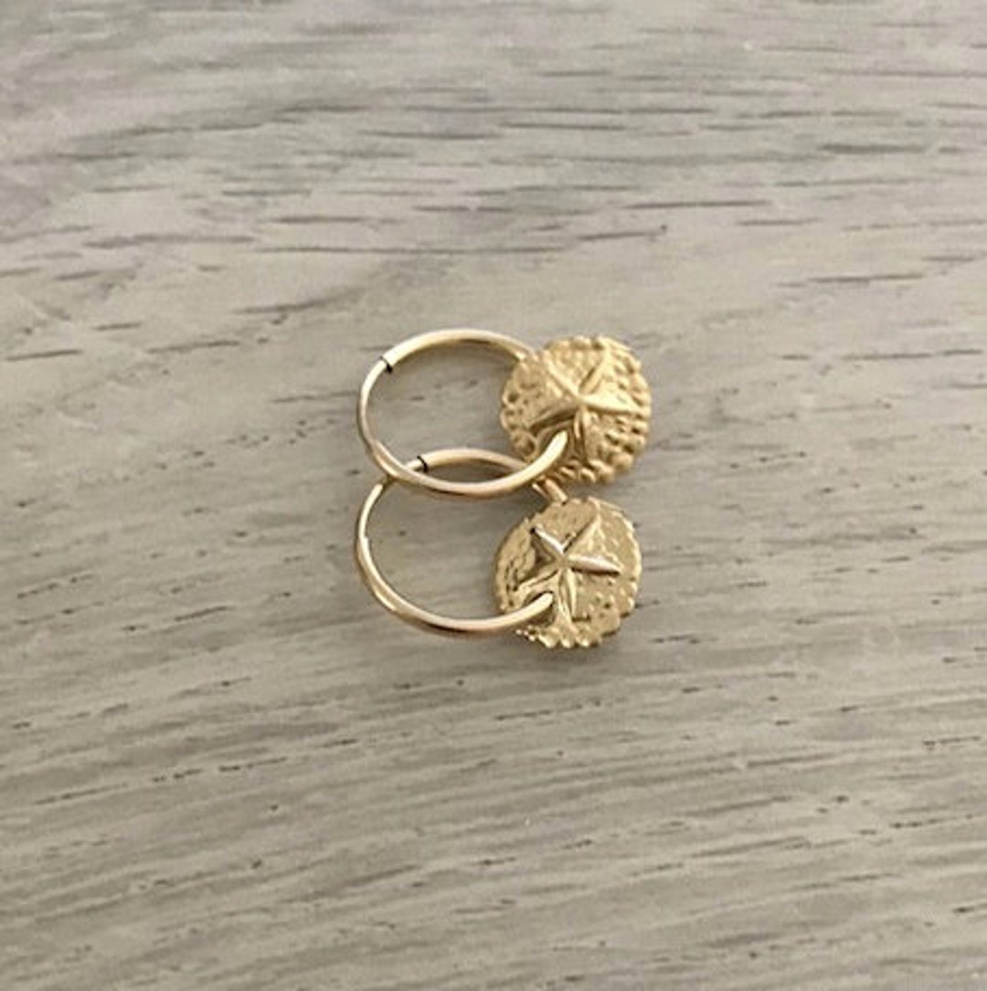 14k Gold Tiny Hoop Earring With Sand Dollar Charm, Gold Filled Cartilage Hoops, Simple Everyday ...