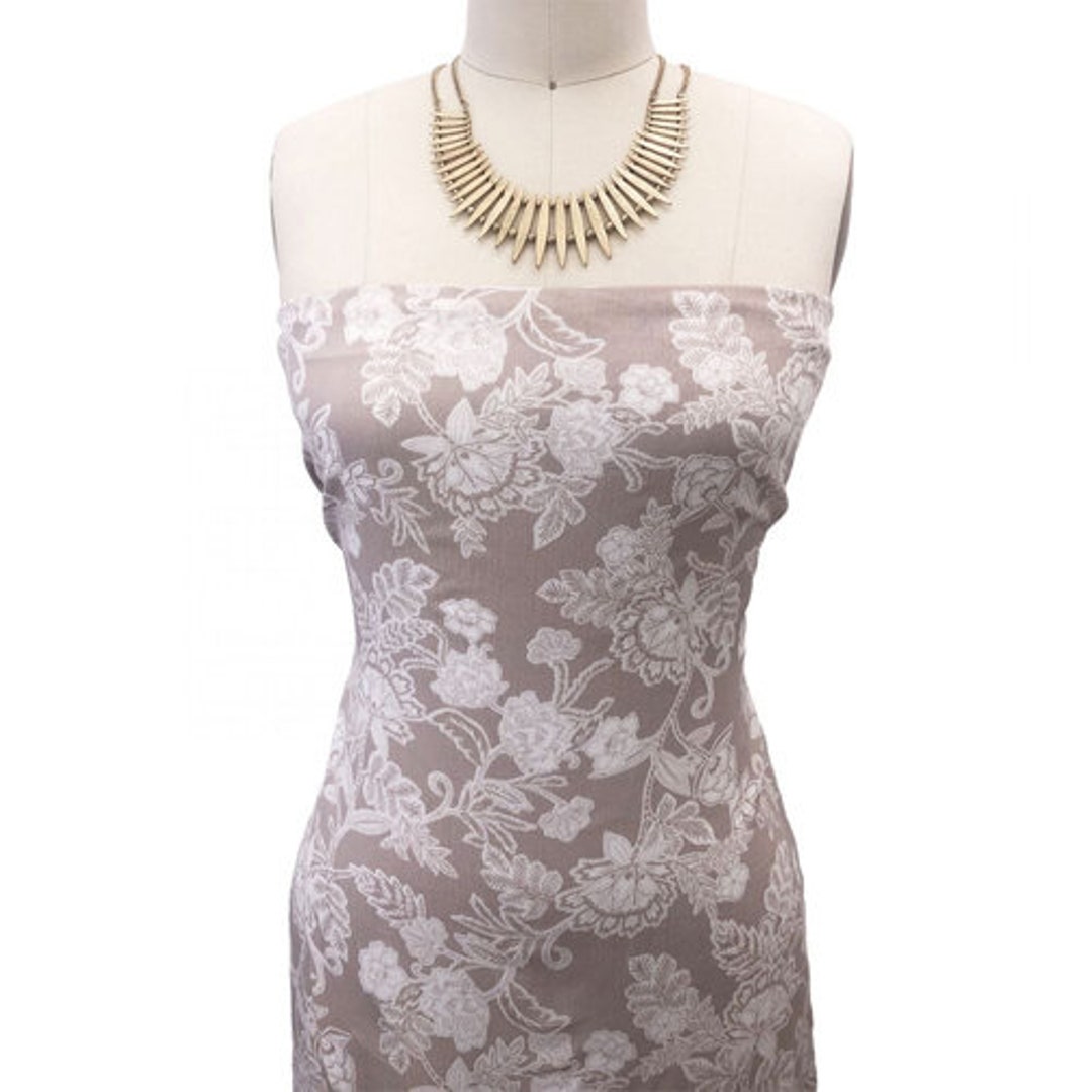 Sand off White Floral Jacobean Pattern Printed Rayon Crepon Fabric by ...