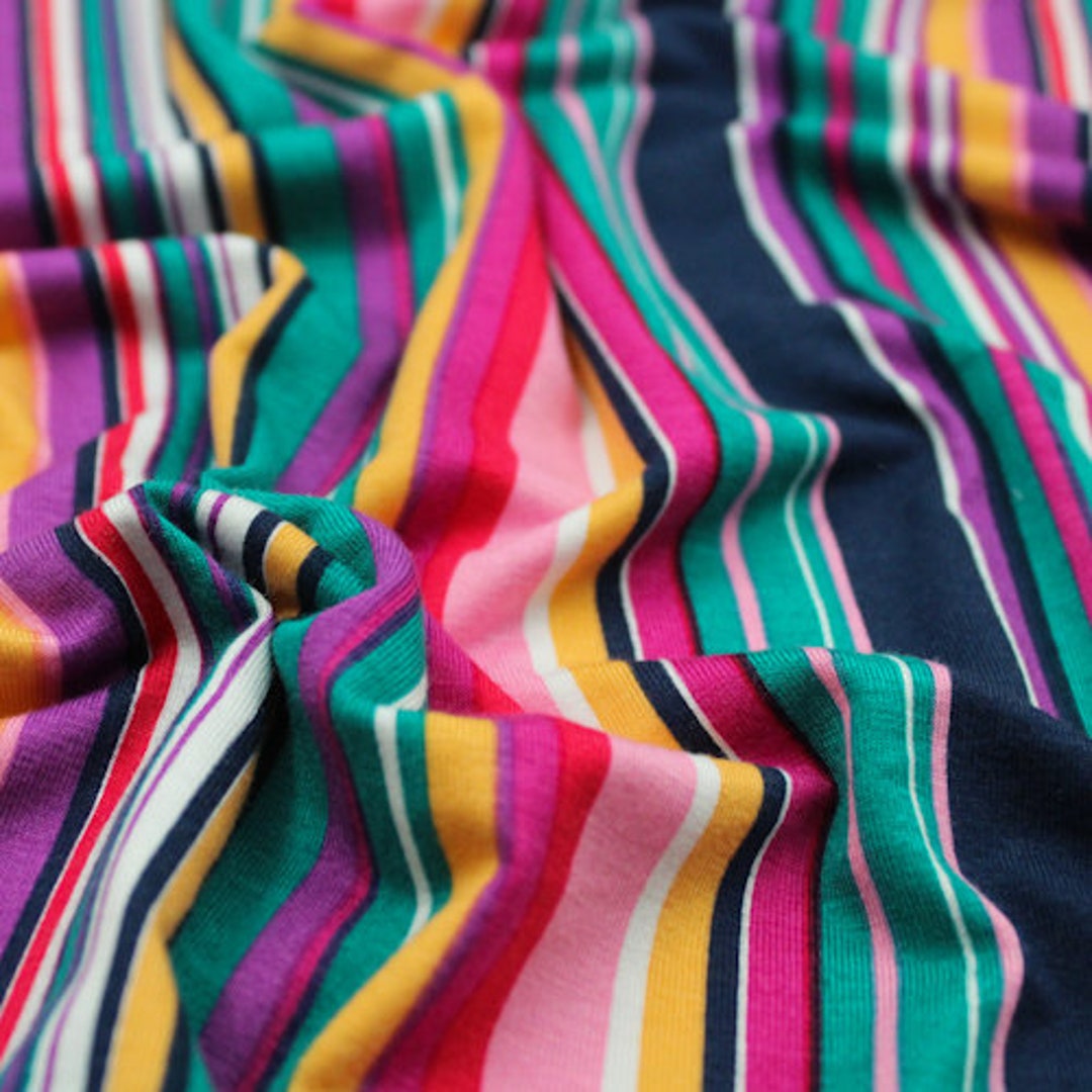 Navy Pink Variegated Stripes Pattern Printed Rayon Spandex Jersey Knit ...