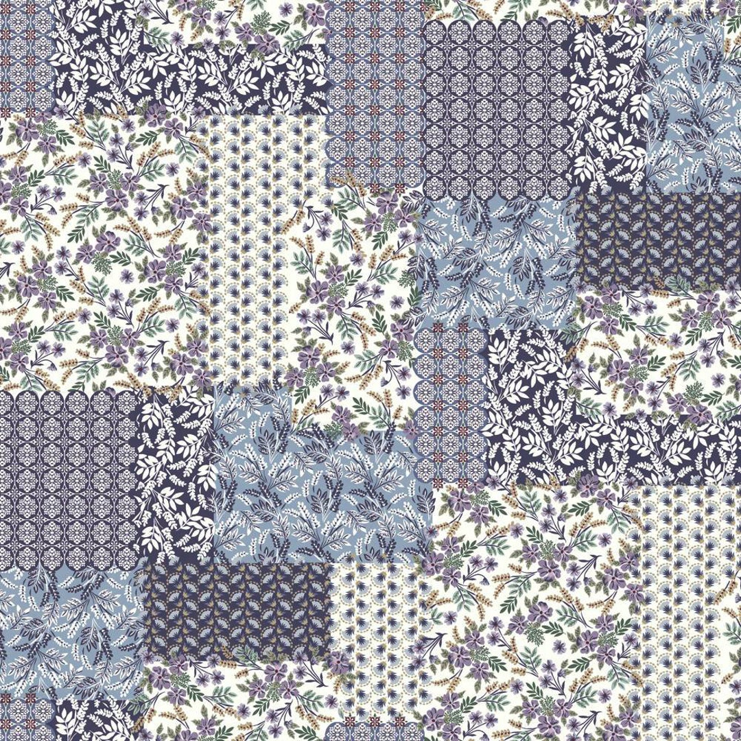 Blue Lavender Floral Patchwork Pattern Printed on Rayon Crepon Fabric ...