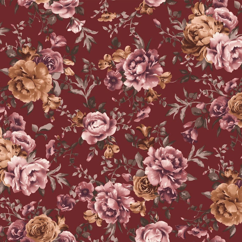 Marsala With Rose Gold Medium Flowers Design Printed on Poly - Etsy