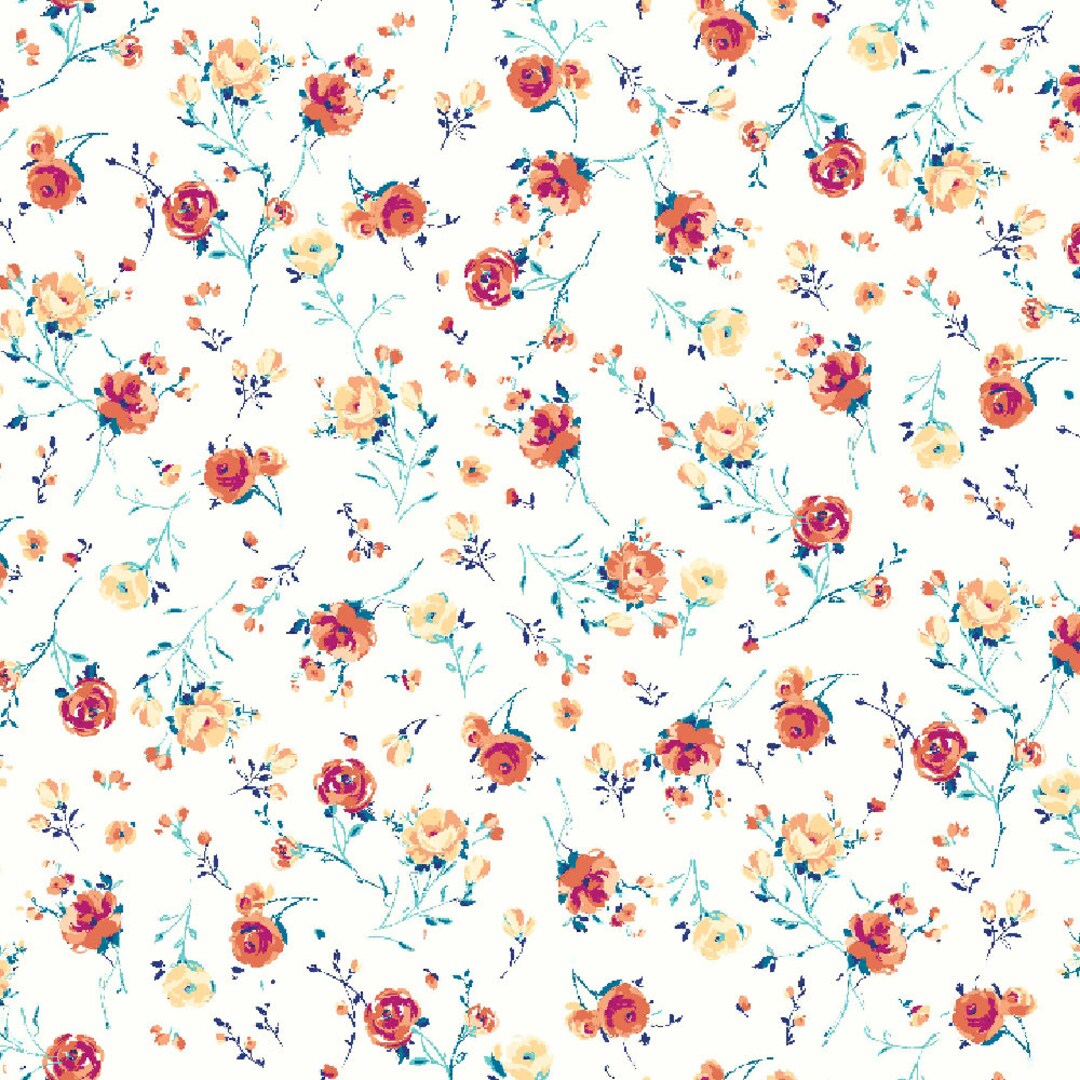 Off White Flame Painterly Floral Pattern Printed on Wool Dobby Fabric ...