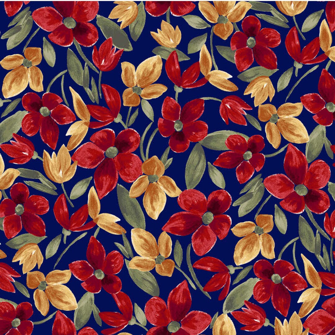 Navy Red Small Flowers Pattern Printed Poly Moroccan Fabric by the Yard ...