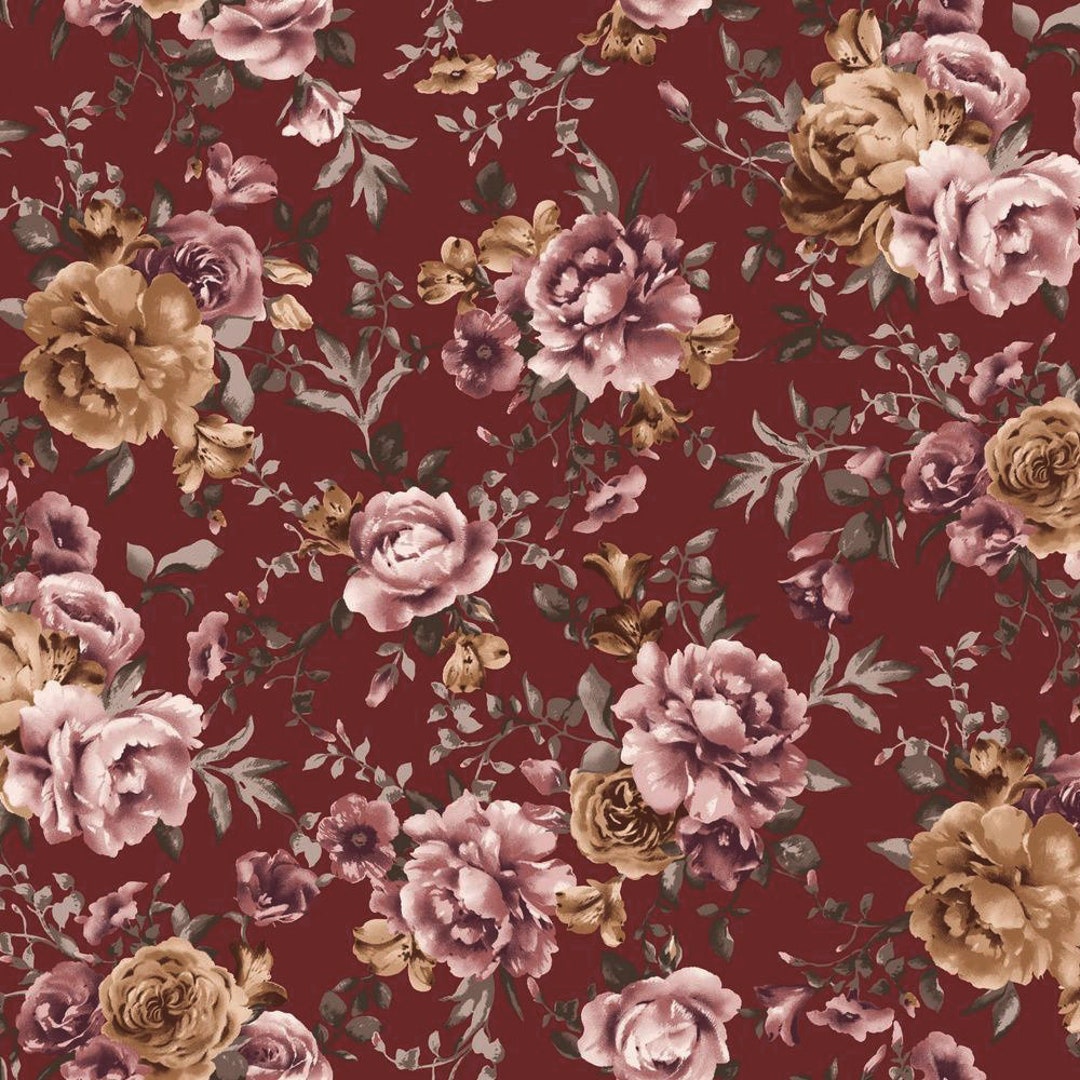 Marsala With Rose Gold Medium Flowers Printed on Wool Dobby Fabric by ...