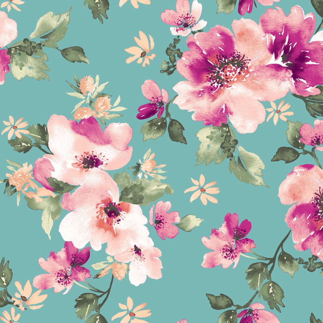 Aqua Fuchsia Medium Flowers Pattern Printed on ITY Stretch Jersey Knit ...