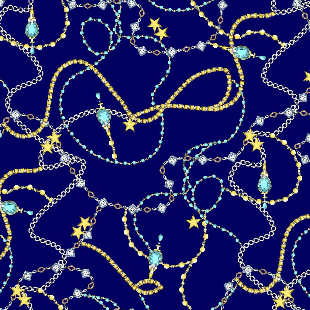 Navy Blue With Topaz Seamless Pattern Chains and Gems on Poly Spandex ...