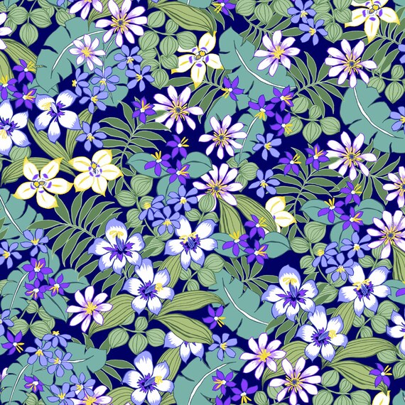 Navy Blue Medium Flowers Floral Pattern Printed Hi-multi - Etsy