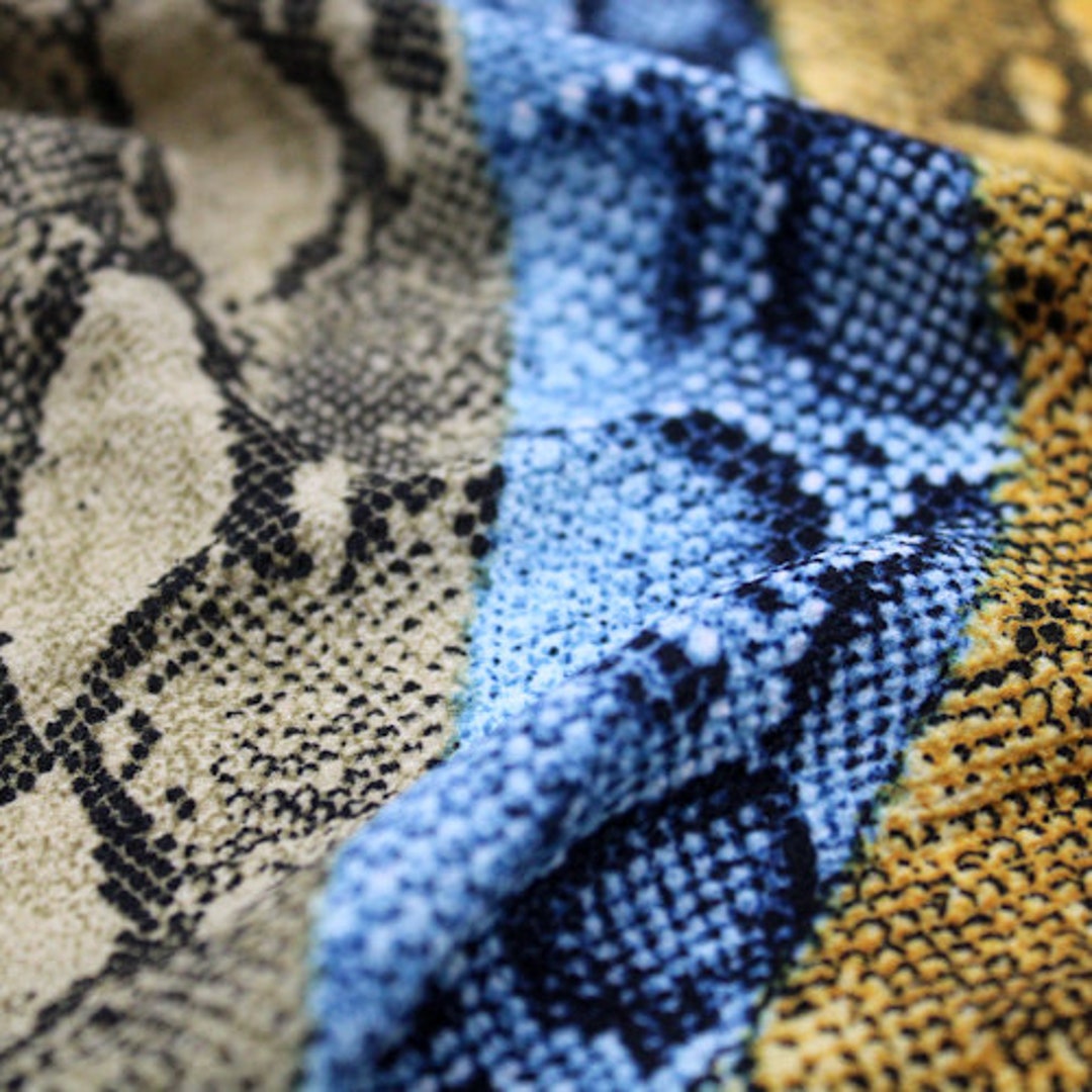 Blue Golden Mustard Snake Skin Pattern Printed Bubble Crepe Chiffon ...