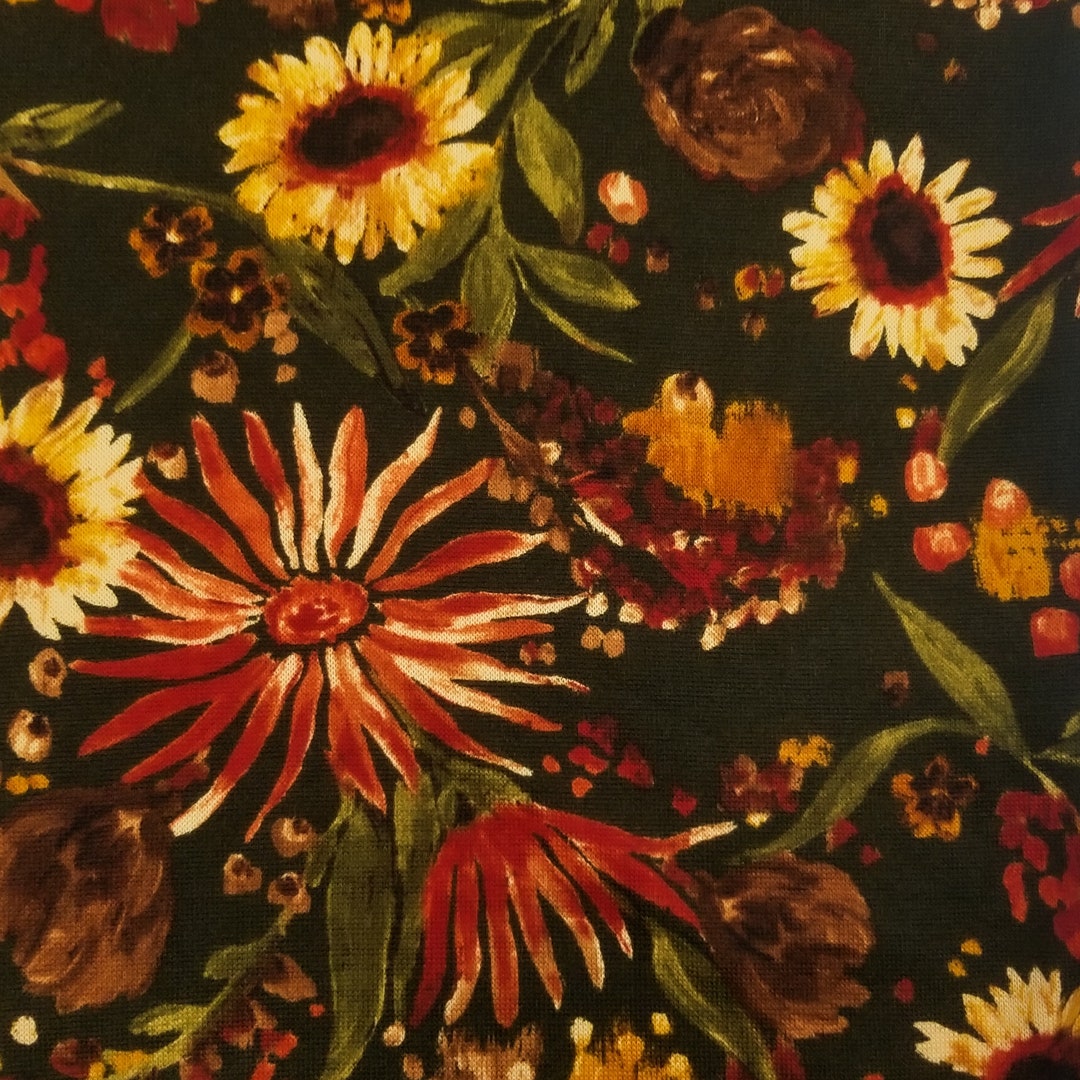 Olive Rust Gold Floral Print on Hacci Brushed Fabric by the Yard- Style ...