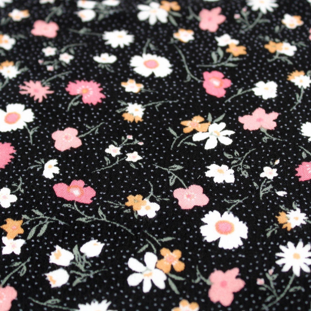 Black/coral Ditsy Floral Pattern Printed Rayon Crepon Fabric by the ...