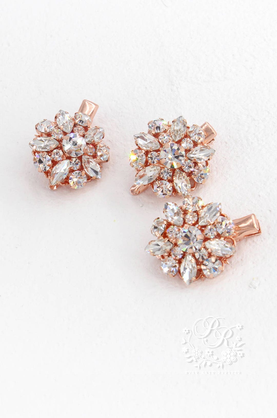 Wedding Hair Clip Set of 3 Rose Gold Rhinestone Alligator Clip Bridal ...
