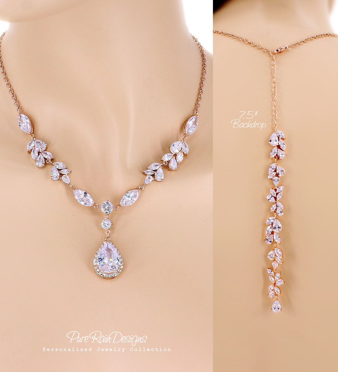 Wedding Necklace Rose gold Bridal necklace Teardrop Zirconia | Etsy