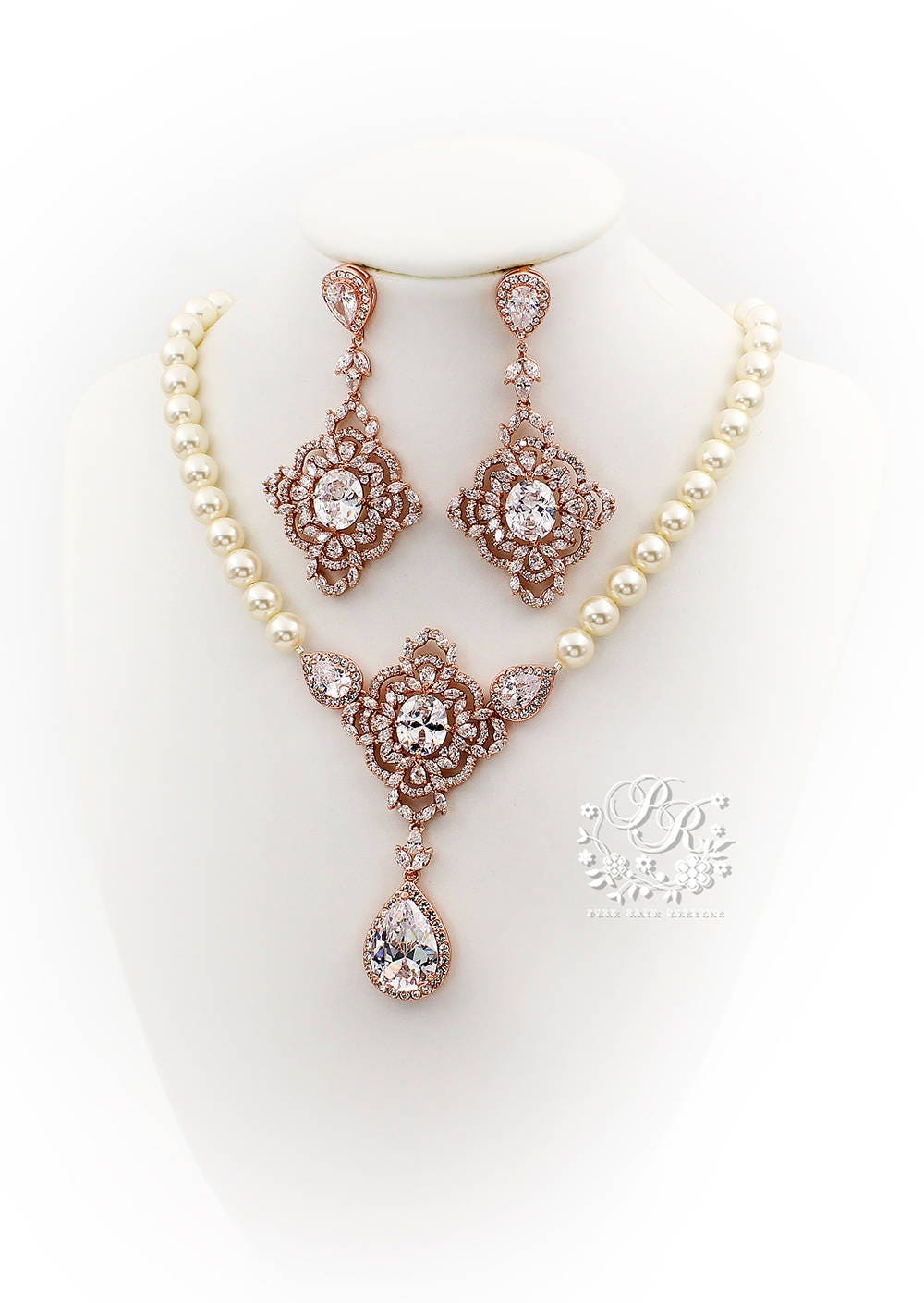 Wedding Necklace Set Wedding Earrings Swarovski Pearl Rose Gold ...