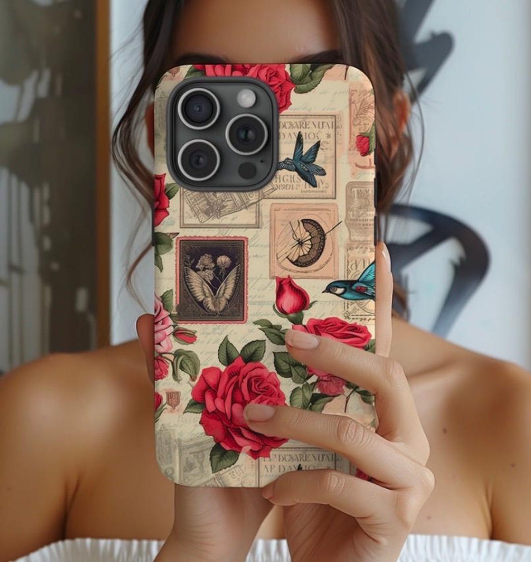 Vintage Stamps Red Rose Phone Case: Elegant Floral Design - Etsy