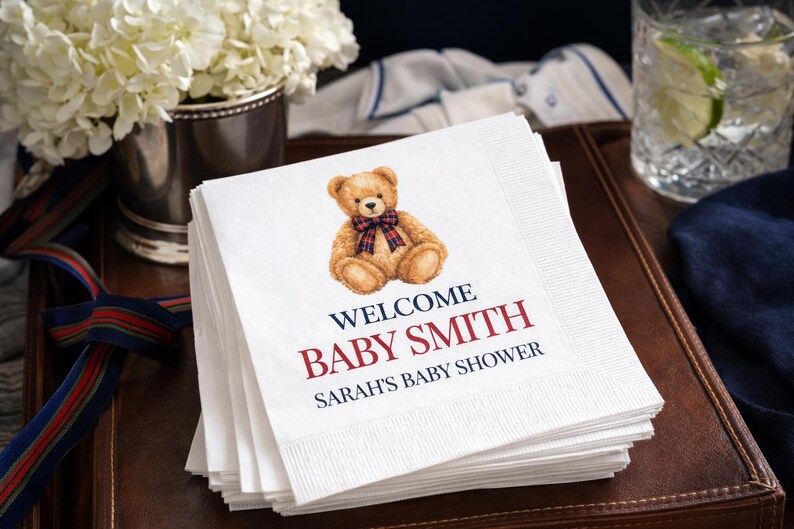Elegant Teddy Bear Baby Shower Custom Cocktail Napkins, Preppy Plaid ...