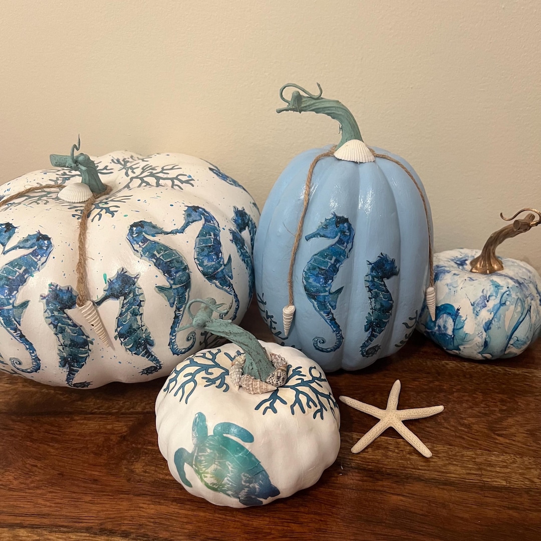 Beach Pumpkins With Turtles & Seahorses, Fall Decor, Thanksgiving ...
