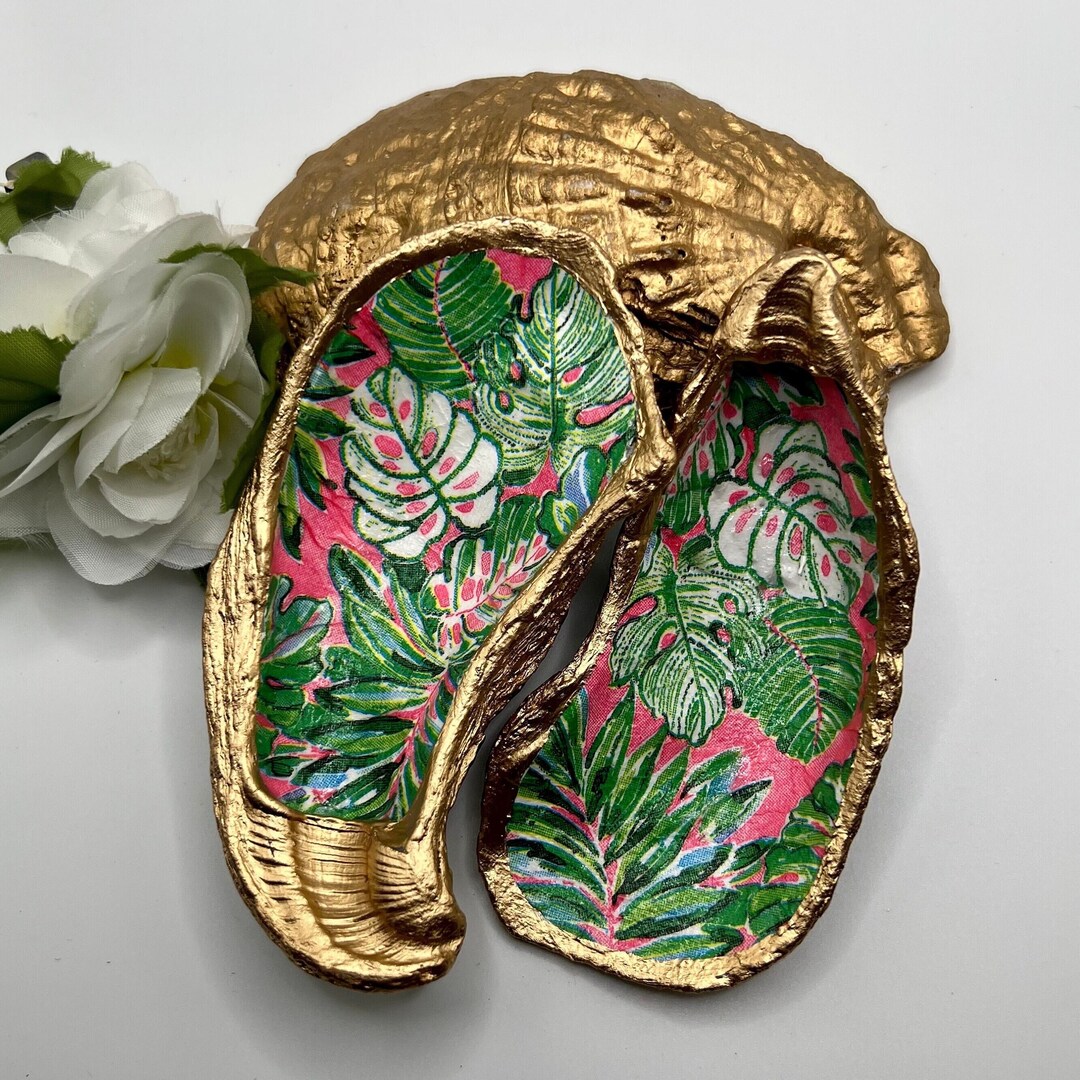 Tropical Plants Oyster Shell Ring Dish, Gilded Gold Seashell, Decoupage ...