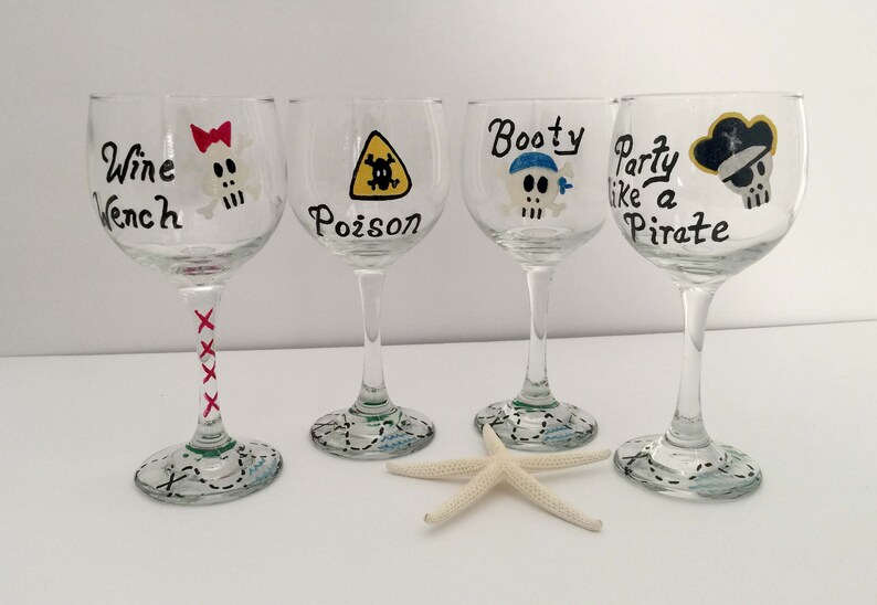Pirate Glasses Hand Painted Wine Glasses Bar Ware Nautical - Etsy