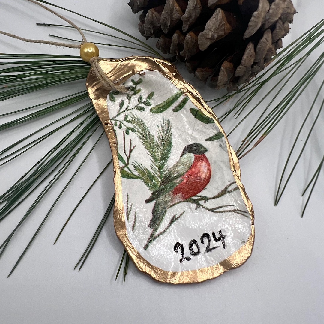 Decoupaged Oyster Shell Ornament: Robin or Blue Bird, Gold Leaf Coastal ...