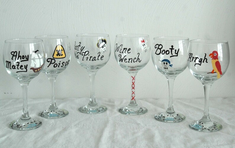 Pirate Glasses Hand Painted Wine Glasses Bar Ware Nautical - Etsy