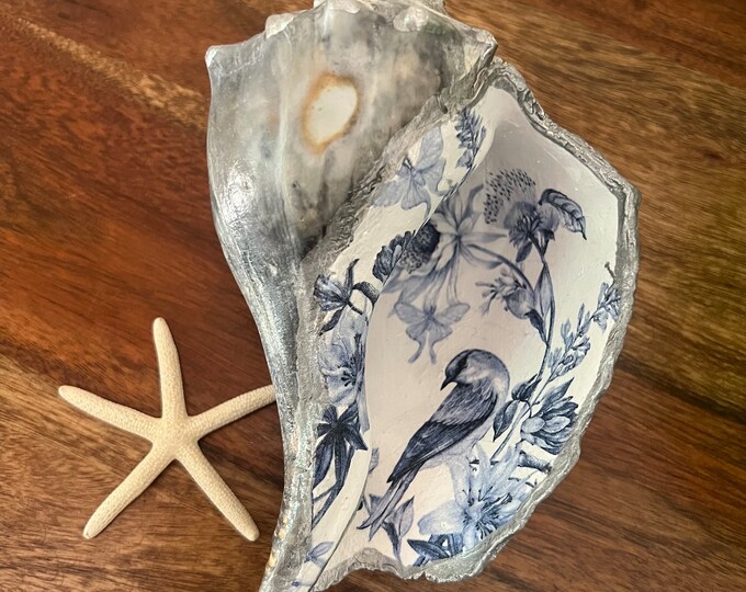 Decoupaged Whelk Shell With Bird, Flowers & Butterfly, Blue Chinoiserie ...