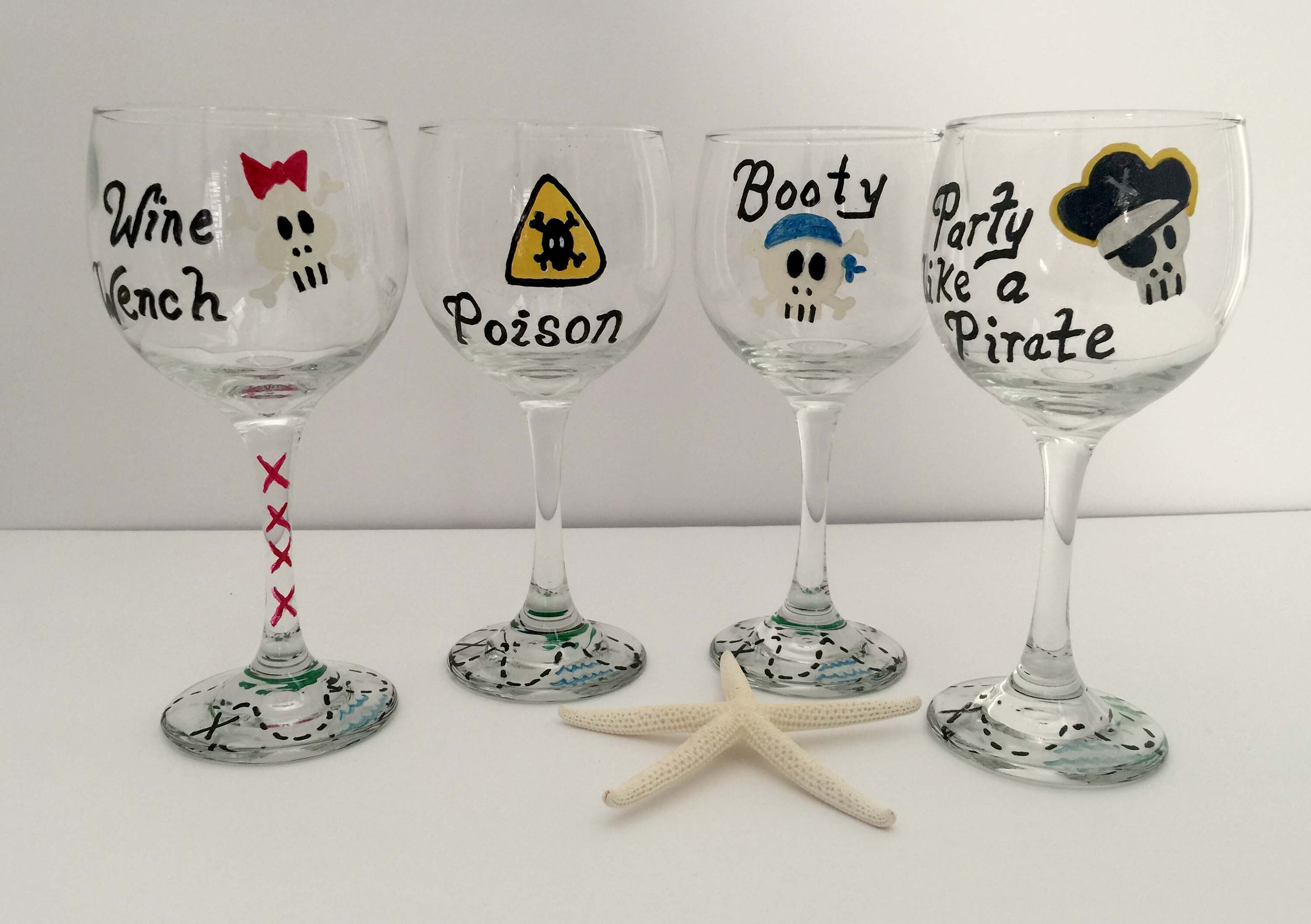 Pirate Wine Glasses set of 4 Hand Painted Wine Glasses | Etsy