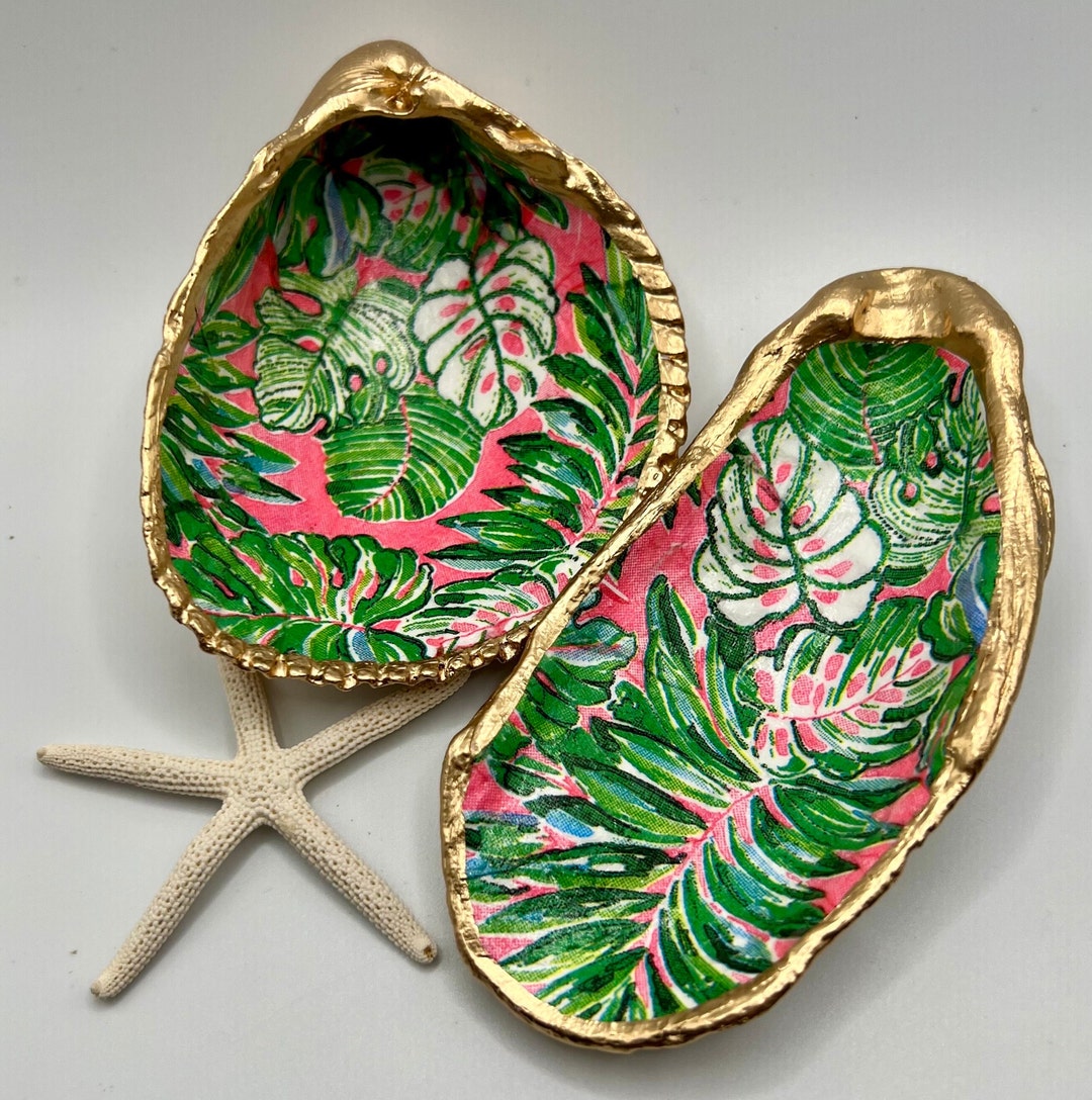 Tropical Plants Oyster Shell Ring Dish, Gold Seashell Decoupage Jewelry ...