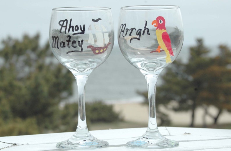 Pirate Glasses Hand Painted Wine Glasses Bar Ware Nautical - Etsy