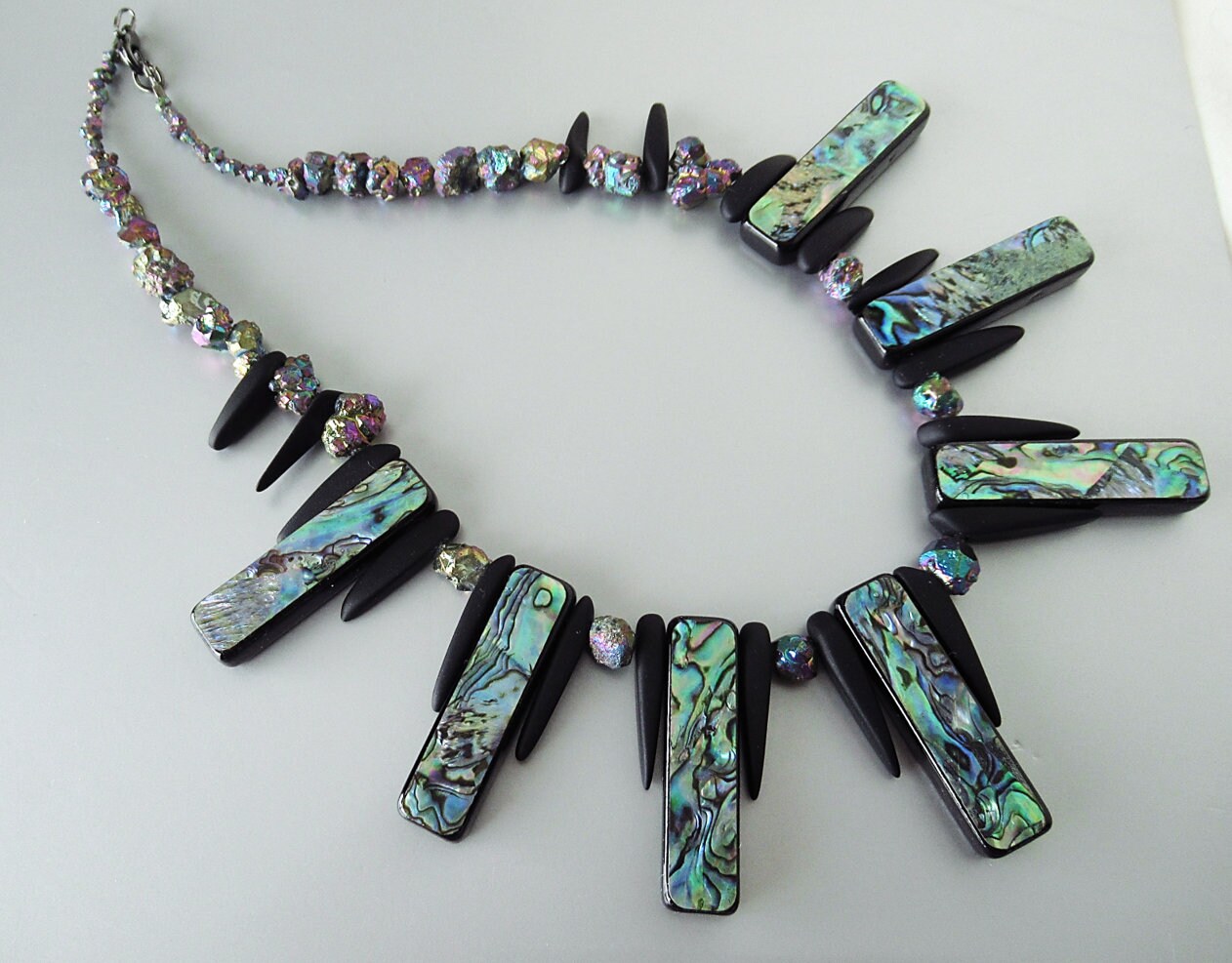 Abalone and Black Sea Glass Spike and Titanium Citrine Nugget Necklace ...