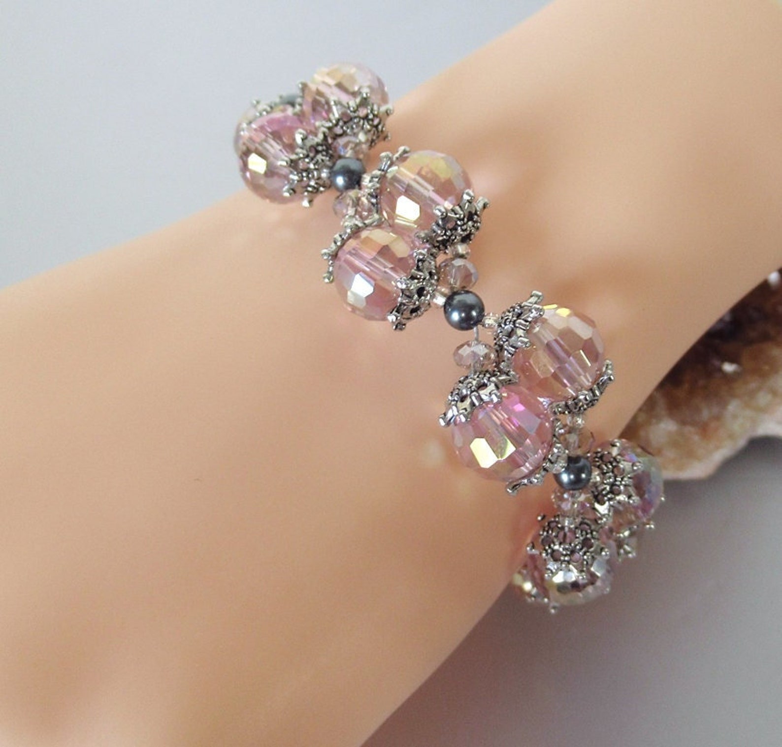 Pink Crystal Bracelet Swarovski Pearl & Silver - Etsy